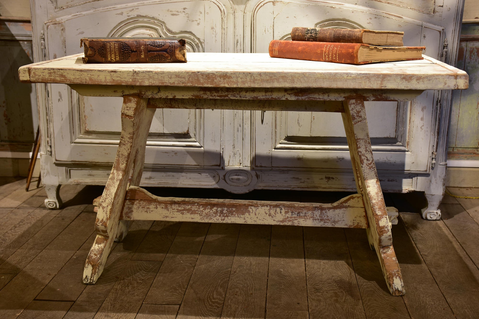 Chunky and rustic Swiss table with white patina