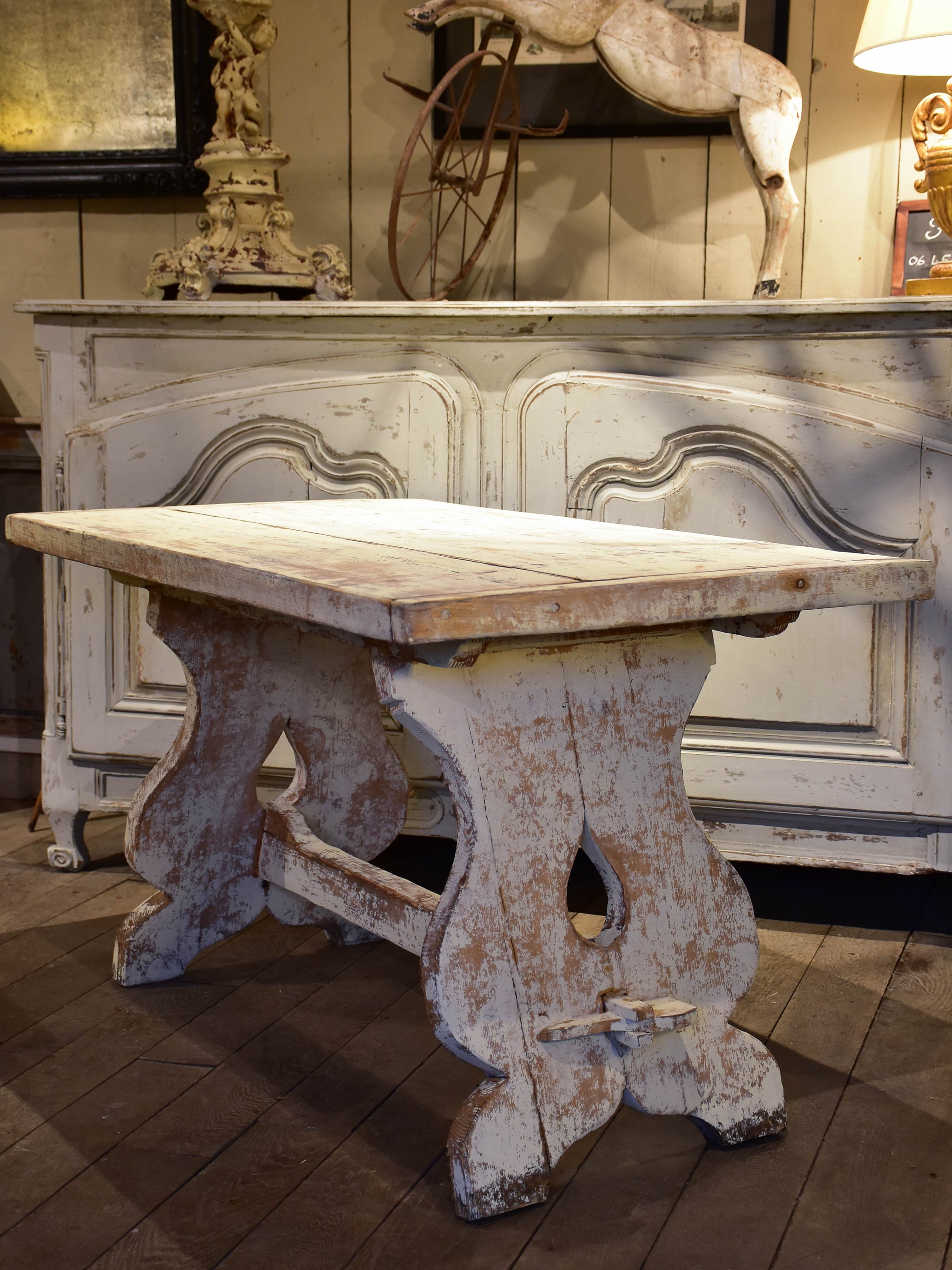 Chunky and rustic Swiss table with white patina