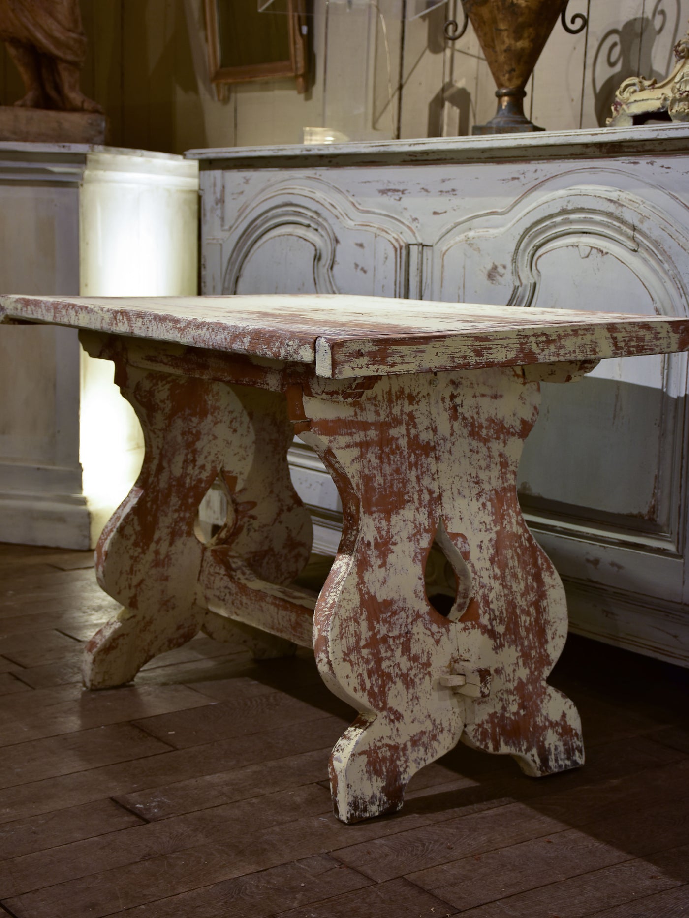 Chunky and rustic Swiss table with white patina