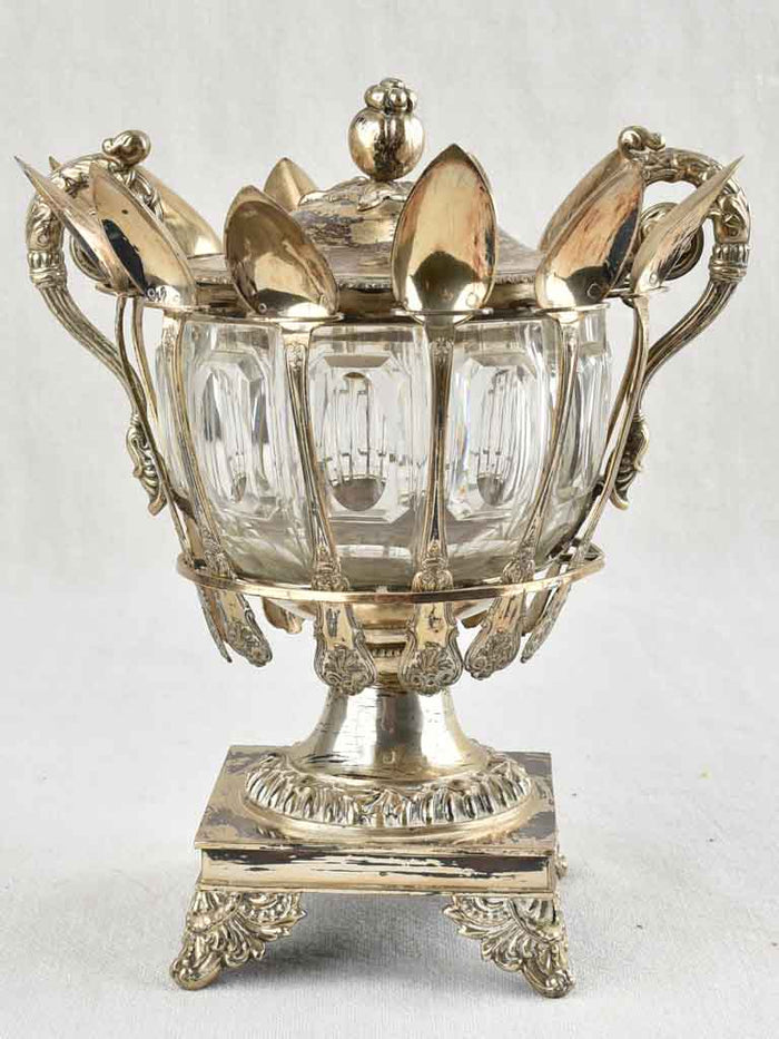 19th century Crystal & silver compotier w/ 12 spoons - Vieillard hallm