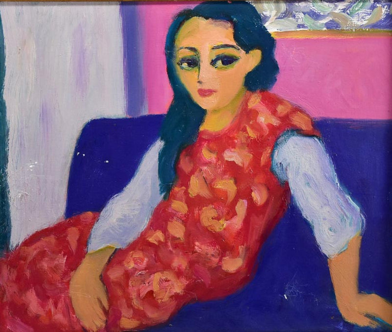 20th Century oil on board - Portrait of a lady on a sofa - Anna Costa ...