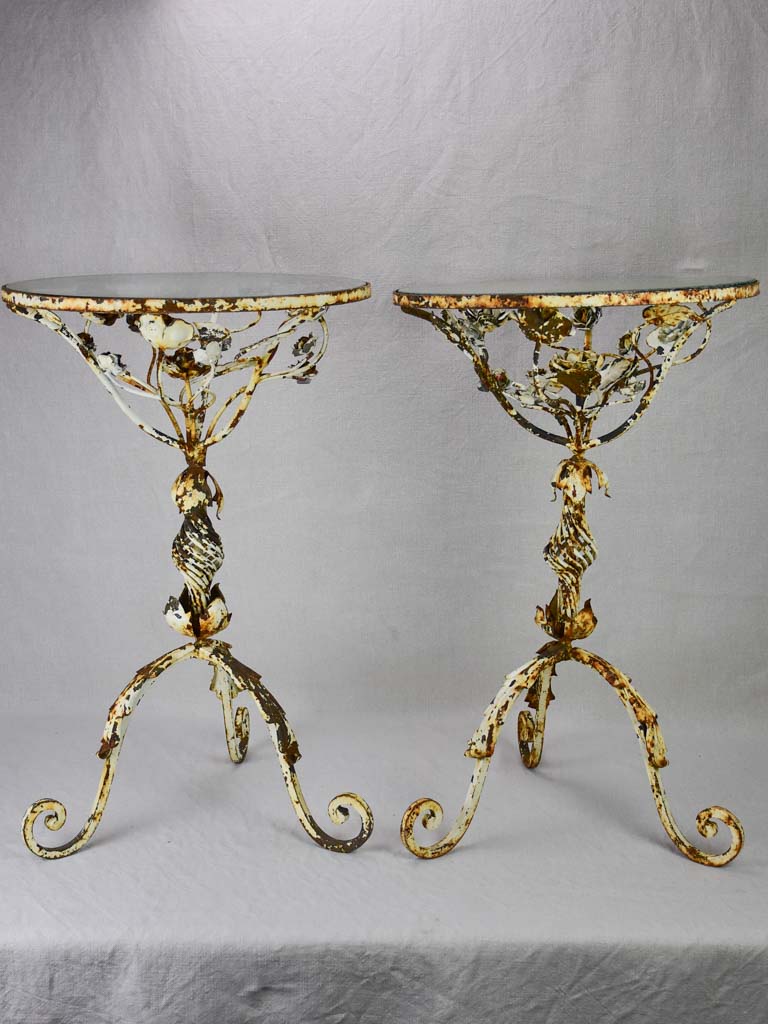 Pair of pretty weathered side tables with floral decoration and glass ...