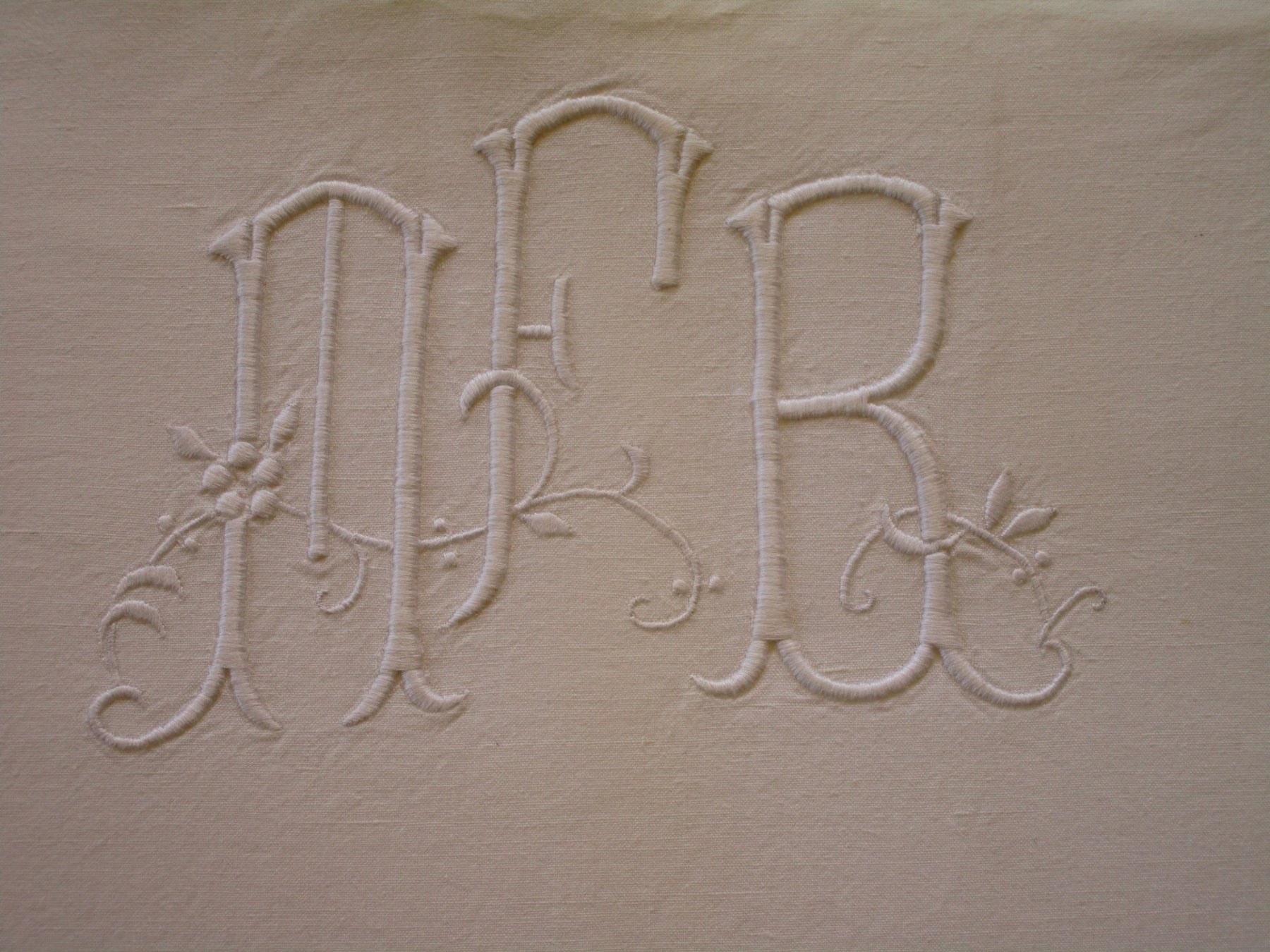 Antique French linen bed sheet - MFR monogram