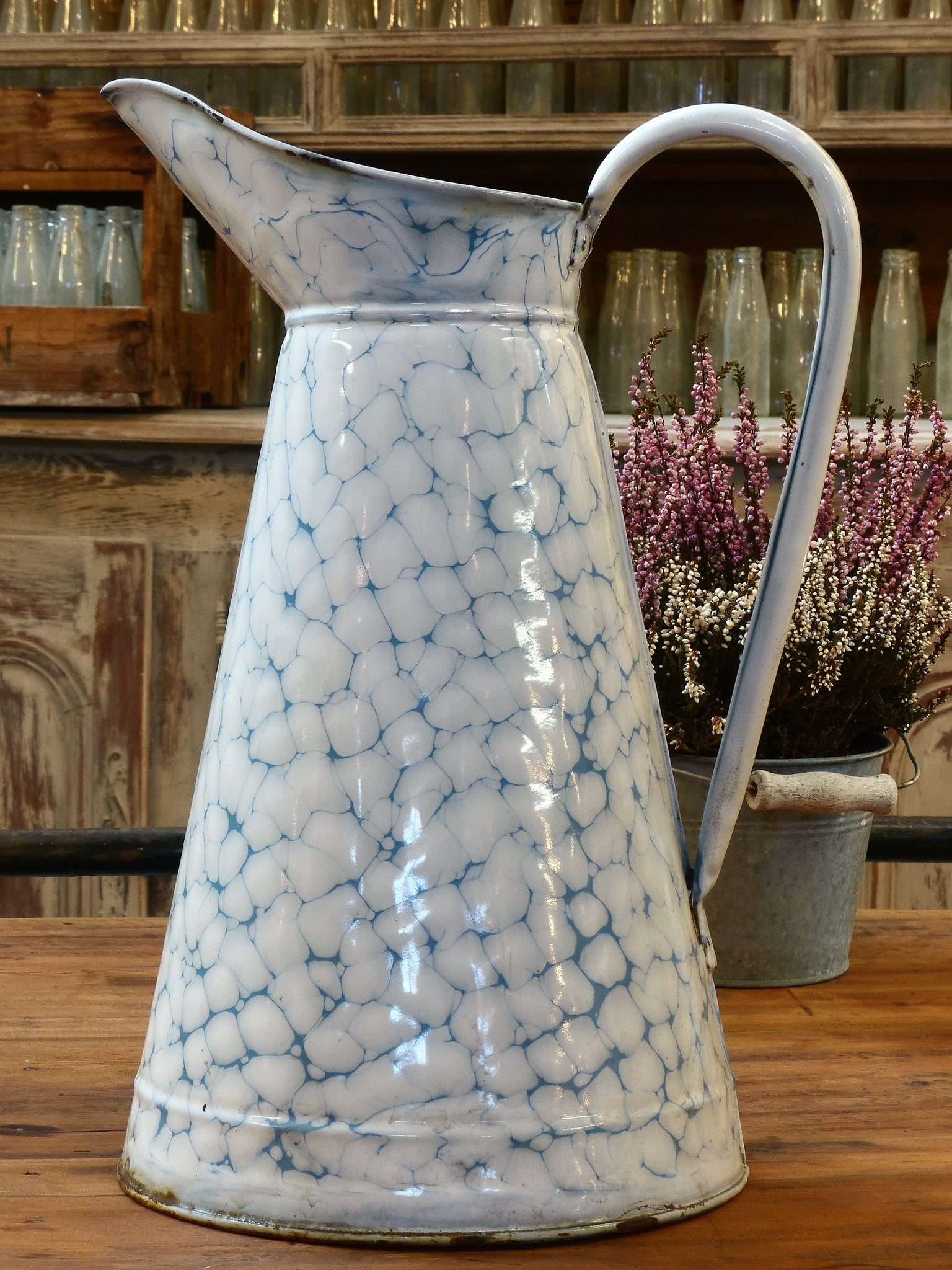 French vintage enamel jug with blue pattern – Chez Pluie